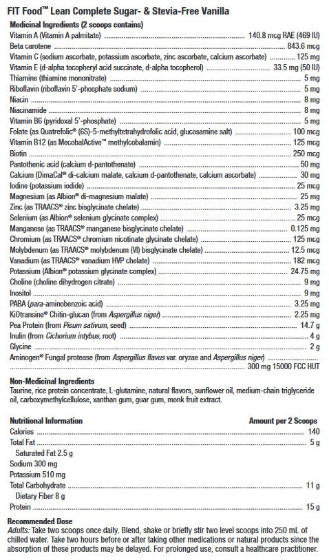 FIT Food Lean Complete Vanilla Sugar & Stevia Free - Xymogen - Energie PLP - Supplements ...